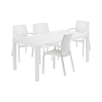 Dmora Outdoor-Lounge-Set Roccaraso, Outdoor- und Indoor-Lounge-Set, Fester rechteckiger Tisch mit 4 stapelbaren St&uuml;hlen, Made in Italy, Wei&szlig;