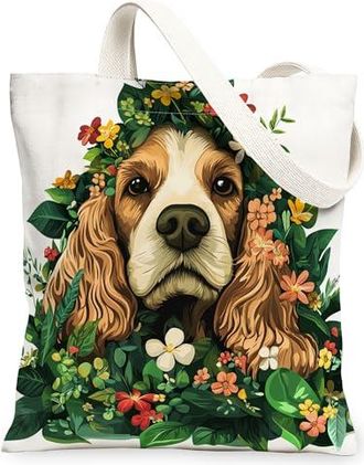 Generic Sac fourre-tout en toile pour le shopping 33 x 38 cm, motif d&eacute;pagneul cocker am&eacute;ricain amusant pour femme, joli motif floral, chiot