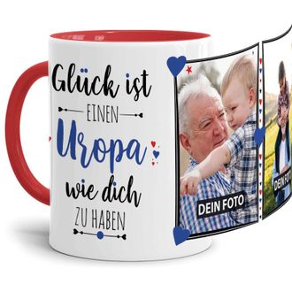 Tassendruck Fototasse mit Spruch f&uuml;r Uropa - Gl&uuml;ck ist, jemanden wie Dich zu haben - zum Selbst gestalten mit 2 Fotos, Innen & Henkel Rot, 300 ml