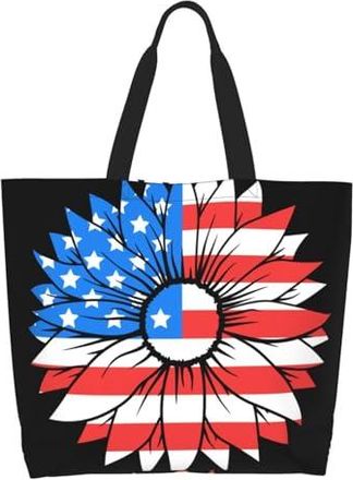 Generic Drapeau Am&eacute;ricain Rond Patriotique &Agrave; Tournesols Sac Fourre-Tout Grand Tote Bag R&eacute;utilisable Sac A Main Femmes Pour Plage Universit&eacute; Travail