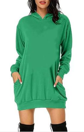 Generic 2026 Mode Femmes Solide &agrave; Capuche Robe Manches Longues Poches Sweat-shirt Court, Vert, 3XL