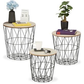 Relaxdays Relaxdays - Table dappoint, lot de 3, panier pour le salon, en m&eacute;tal et aspect bois, 3 tailles, bout de canap&eacute;, noir