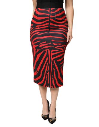 Dolce & Gabbana Womens Red Black Zebra Print Polyester Pencil Midi Skirt And