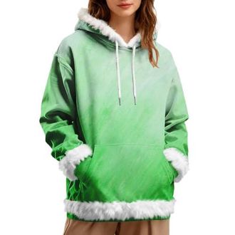 Generic Sweat à capuche imprimé dégradé en fausse fourrure pour femme avec poche, sweatshirts surdimensionnés en peluche pour femme, pull dhiver décontracté à