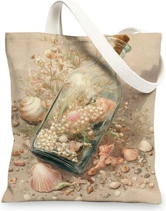 Generic Sacs fourre-tout en toile vintage côtière, motif coquillage et bouteille, sacs de courses réutilisables, légers et lavables avec bandoulière en toile,
