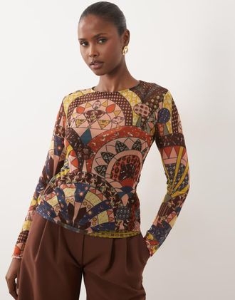 Never Fully Dressed Mesh-Oberteil mit Rundhalsausschnitt, langen &Auml;rmeln und abstraktem Print-Multi