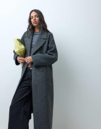 Asos manteau long &agrave; double boutonnage en chevrons bross&eacute;-Noir