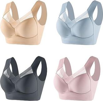 Generic Lot de 4 soutiens-gorge 2026 pour femme avec boucle lat&eacute;rale avant et bord en dentelle sans anneau en acier, ajustement sans couture des fronces pour 
