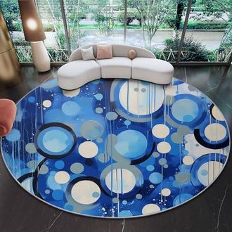 Generic Tapis Rond Salon Diamètre 140 cm, Abstrait Cercles et lignes géométriques Peinture Imprimé Bleu Tapis de Sol Décoration Antidérapant pour Salon Chambr