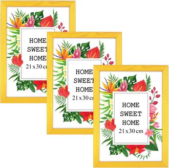 MG Design Set aus 3 Gelb Bilderrahmen A4 21 x 29,7 cm - Aus echtem Holz mit Acrylglas, zum Aufhängen & Aufstellen, für Fotos, Poster & Puzzle