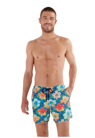 HOM Hom Herren Dino Badeshorts Board Shorts, Blumendruck auf türkisfarbenem Hintergrund, XL