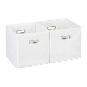 Relaxdays 10025656_49 Lot de 2 boîtes de rangement, sans couvercle, avec poignée, pliable, panier en tissu carré, 30 cm, blanc, polyester, carton, 30 x 30 x 30 