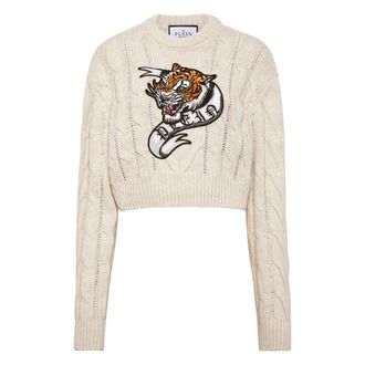 Philipp Plein Femme, Pulls, Blanc, Taille: 42 FR Pullover Round Neck Tattoo