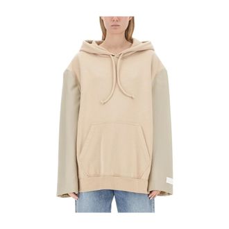 Maison Margiela Femme, Sweatshirts et sweats &agrave; capuche, Beige, Taille: 38 FR Sweat &agrave; capuche &agrave; manches contrastantes avec logo appliqu&eacute;