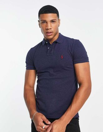 Polo Ralph Lauren Schmales Polohemd aus Pikee in Marineblau meliert mit Markenlogo