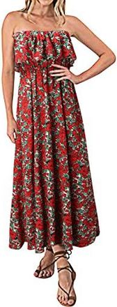Generic Robe boh&egrave;me 2026 pour femme - Imprim&eacute; floral d&eacute;contract&eacute; - Ourlet &agrave; volants - Robe boh&egrave;me sans bretelles, Rouge, L