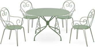 Vente-Unique Salle &agrave; manger de jardin en m&eacute;tal fa&ccedil;on fer forg&eacute; : une table D.120cm et 4 fauteuils empilables - Vert amande - GUERMANTES de MYLIA