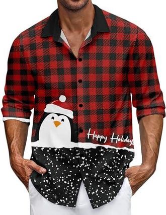 Generic Chemise de No&euml;l pour Homme Chemise de F&ecirc;te de Vacances de No&euml;l Chemises Habill&eacute;es Manches Longues Imprim&eacute; Neige Chemise Sapin de No&euml;l T-shirt D&eacute;contra