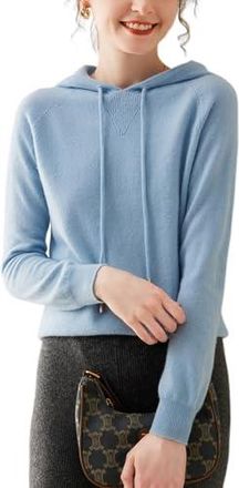 Dissa Pull Cachemire Femme Capuche Uni Tricoté en Vrac Manches Longues Fin Pull en Cachemire et Laine,Bleu,EU 38,MN605