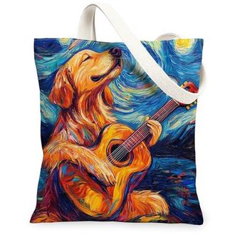 Generic Golden Retriever Sac fourre-tout en toile r&eacute;utilisable pour faire ses courses 33 x 38,1 cm, motif guitare &eacute;toil&eacute;e, sac d&eacute;picerie r&eacute;utilisable pour fem