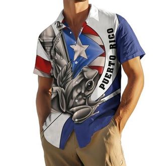 Generic Chemise hawa&iuml;enne pour homme, grenouille drapeau de Porto Rico | Chemise d&eacute;contract&eacute;e boutonn&eacute;e d&eacute;t&eacute; imprim&eacute;e | &Agrave; porter au quotidien, Vacation Puerto