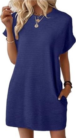 Generic Robe dété légère à manches courtes avec poches pour femme - Style décontracté - Col rond - Respirant, noir foncé, 3XL