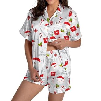 Generic Pyjama court en satin pour femme - Ensemble pyjama de Noël - Deux pièces - Vêtement de nuit doux - Motif mignon - Haut et short de nuit - Combinaison 