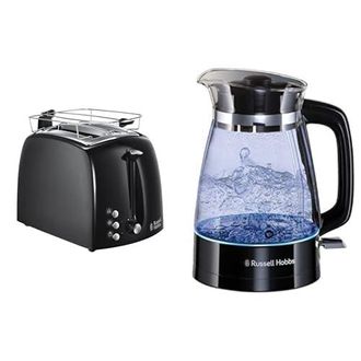 Russell Hobbs Toaster Textures+, 2 extra breite Toastschlitze, Br&ouml;tchenaufsatz, 850W, schwarz 22601-56 & Wasserkocher Glas Classic Design mit LED-Beleuchtung (1,7l,