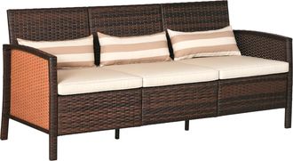 OUTSUNNY Rattan Sofa mit Kissen, Dreisitzer, Garten Loungesofa, Stahl, Braun, 173 x 68 x 78 cm
