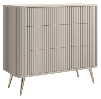 Selsey Kommode Aufbewahrungsschrank 3 Schubladen Schrank Schubladenschrank Gerillt Push to Open Soft Close Graubeige Goldene Beine Ovarlo