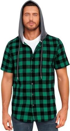 Generic DENGJIAMY Chemise &agrave; capuche &agrave; carreaux pour homme, chemises d&eacute;t&eacute; boutonn&eacute;es, hauts d&eacute;contract&eacute;s, &agrave; manches courtes, &agrave; la mode, t-shirts claasic pour h