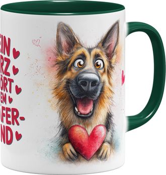 OM3 s&uuml;&szlig;e Hundeliebhaber Kaffee-Tasse mit Spruch - Mein Herz geh&ouml;rt einem Sch&auml;ferhund - Statement - Keramik Becher - 325ml - Rundumdruck - Gr&uuml;n