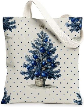 Generic Sac fourre-tout en toile motif sapin de No&euml;l, sac fourre-tout r&eacute;utilisable vintage &agrave; pois l&eacute;gers et lavables pour Tr, Bleu, 13x15 Inch