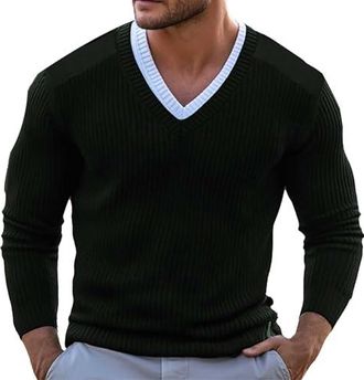 Generic Pull pour homme - Tricot c&ocirc;tel&eacute; - Coupe ajust&eacute;e - Col en V - Respirant - Pull de sport l&eacute;ger - Veste de loisirs - Jogging, Noir, 3XL