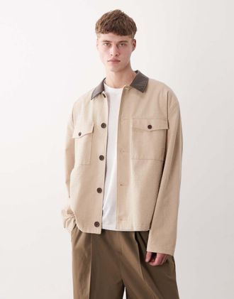 Asos Blouson Harrington oversize en coton textur&eacute; avec col en similicuir - Taupe-Neutre