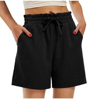 Generic Short en lin pour femme - Taille haute &eacute;lastique - D&eacute;contract&eacute; avec poches - Pantalon de d&eacute;tente pour femme, Noir, XXL