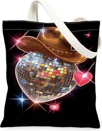 Generic Sacs fourre-tout en toile motif coeur disco, chapeau de cowboy paillet&eacute;, sacs d&eacute;picerie r&eacute;utilisables, &eacute;l&eacute;gants, vintage, l&eacute;gers et lavables, noir, 13