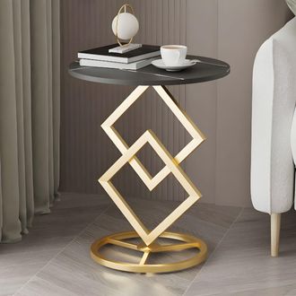 Generic Moderner Runder Beistelltisch Mit Steinplatte - Schwarzer Beistelltisch Mit Stahlsockel for Wohnzimmer, Schlafzimmer Oder Terrasse (16 Durchmesser, 23