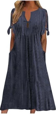 Generic Robe unie pour femme, tendance, d&eacute;contract&eacute;e, col en V, manches courtes, moulante, &eacute;l&eacute;gante, Marine, 3XL