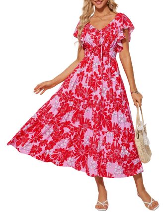 Grace Karin Damen Casual Blumenkleid Kurzarm V-Ausschnitt Maxikleid Boho Kleid Festlich Kleid Hochzeitsgast Rot-Rosa Blumen M
