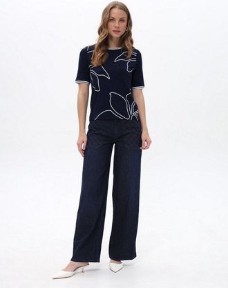 Passioni T-Shirt mit abstrakten Blumen T-Shirt in Navy und Wei&szlig; mit Blumenmuster