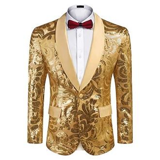 Generic Blazer &agrave; paillettes pour homme - Motif floral dor&eacute; brillant - Pour discoth&egrave;que, discoth&egrave;que, soir&eacute;e - Manteau de sport, dor&eacute;, XXL