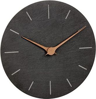 TFA Dostmann Moderne Wanduhr Schiefer, 60.3068.10, ohne Tickgeräusche, mit Walnuss Holz Zeigern, Quarzuhr, 25 cm, zum Hängen, schwarz