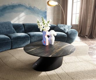 DELIFE Couchtisch Edge Rund 90x90 cm Keramik Laminam Noir Desir Braun Conis Metall Schwarz, Couchtische