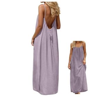 Generic Womens Solid Color Backless Cami Dress,Adjustable Sleeveless Spaghetti Strap Flowy Maxi Sundress Tie Back Beach Vacation Outfit (Purple,Grand)