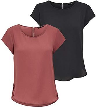 Only Onlvic S/S Solid Top WVN T-Shirt pour Femme, Rouge/Noir (1 Beurre Apple / 1 Noir), 38