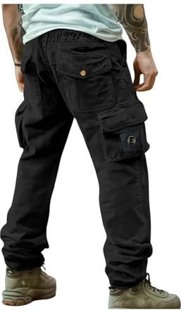Generic 2025-Pantalon Cargo Homme Coton- Pantalon Taille Elastique Couleur Unie Style Vintage Casual Tendance Ample Multi-Poches De Tous Les Jours Confortable