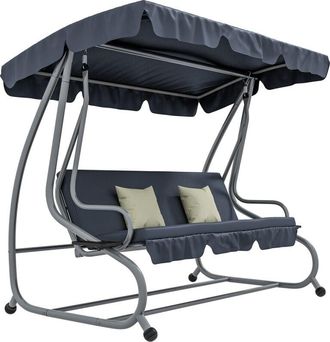 OUTSUNNY Balancelle de jardin 3 places convertible toit inclinaison r&eacute;glable 2 tablettes support coussins acier polyester gris