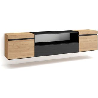 Skraut Home Skraut Home - Meuble tv, Banc T&eacute;l&eacute;, Grand espace de Rangement, 200x45x35cm, Pour les tv jusqu&agrave; 80, Suspendu, Mural, Style moderne, Ch&ecirc;ne et noir