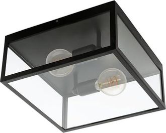Eglo Plafonnier Charterhouse, lampe vintage 2 flammes, matériau : acier, couleur : noir, verre : transparent, douille : E27